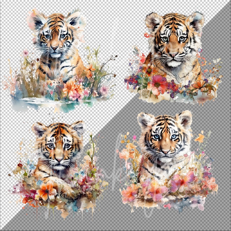 Watercolor Baby Tiger Clipart Summer Flowers Digital Download 14 High ...