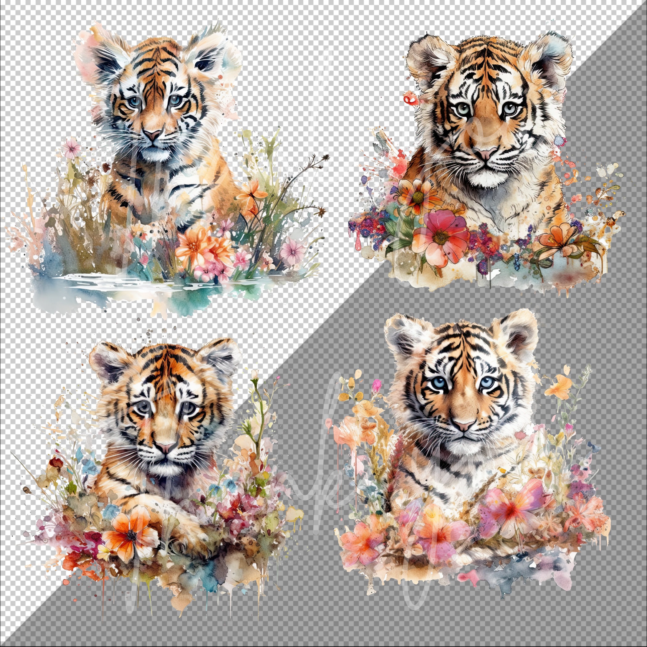 Watercolor Baby Tiger Clipart Summer Flowers Digital Download 14 High ...