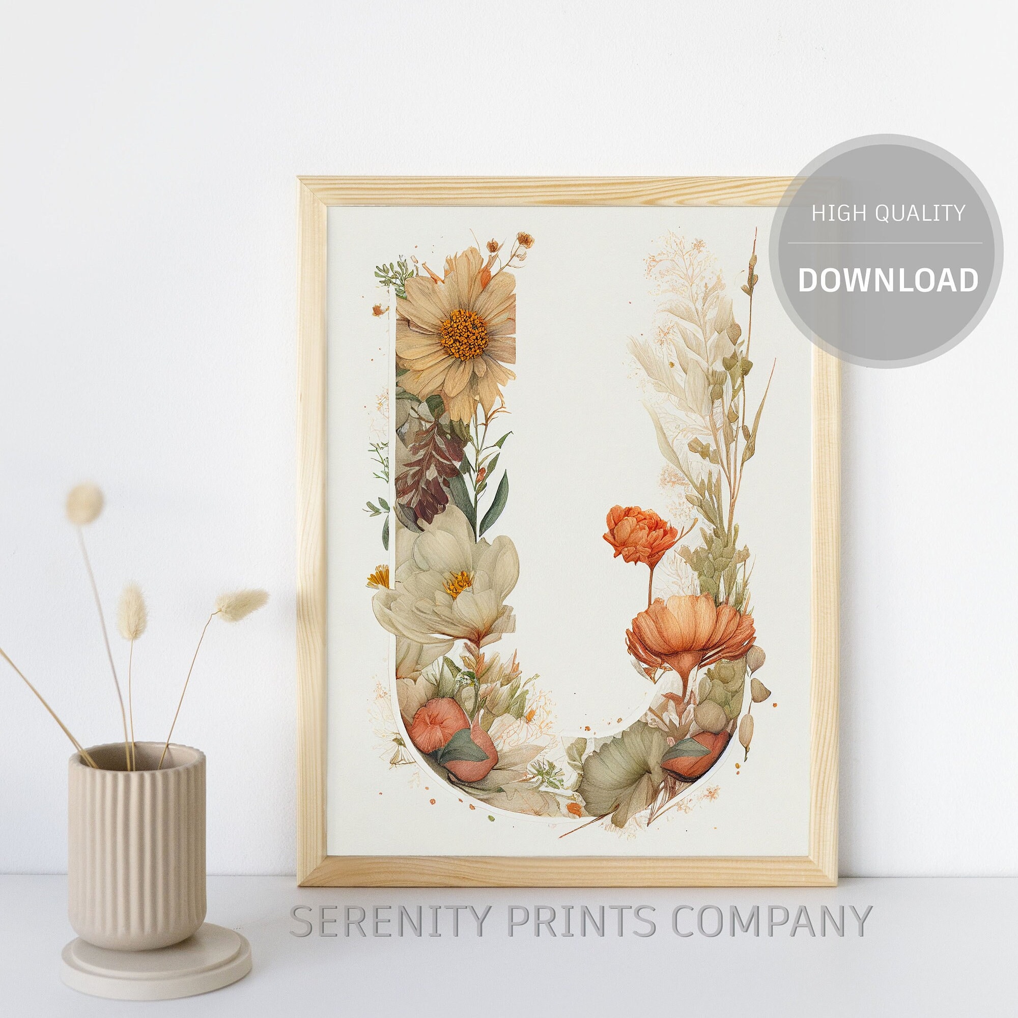 Flower Letter U, Flower Monogram Art, Initial Flower Print, Flower ...