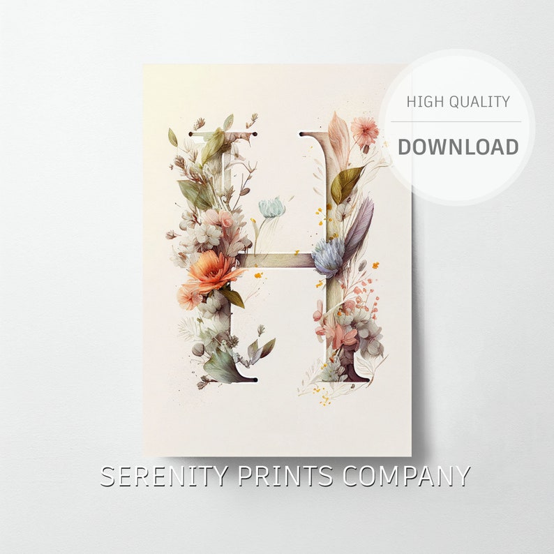 Flower Letter H, Flower Monogram Art, Initial Flower Print, Baby ...