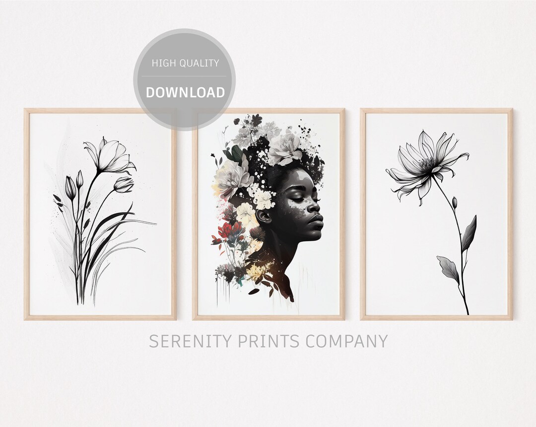 Boho Flower Tryptic, Bohemian Botanical Art, Beautiful Woman Flower ...