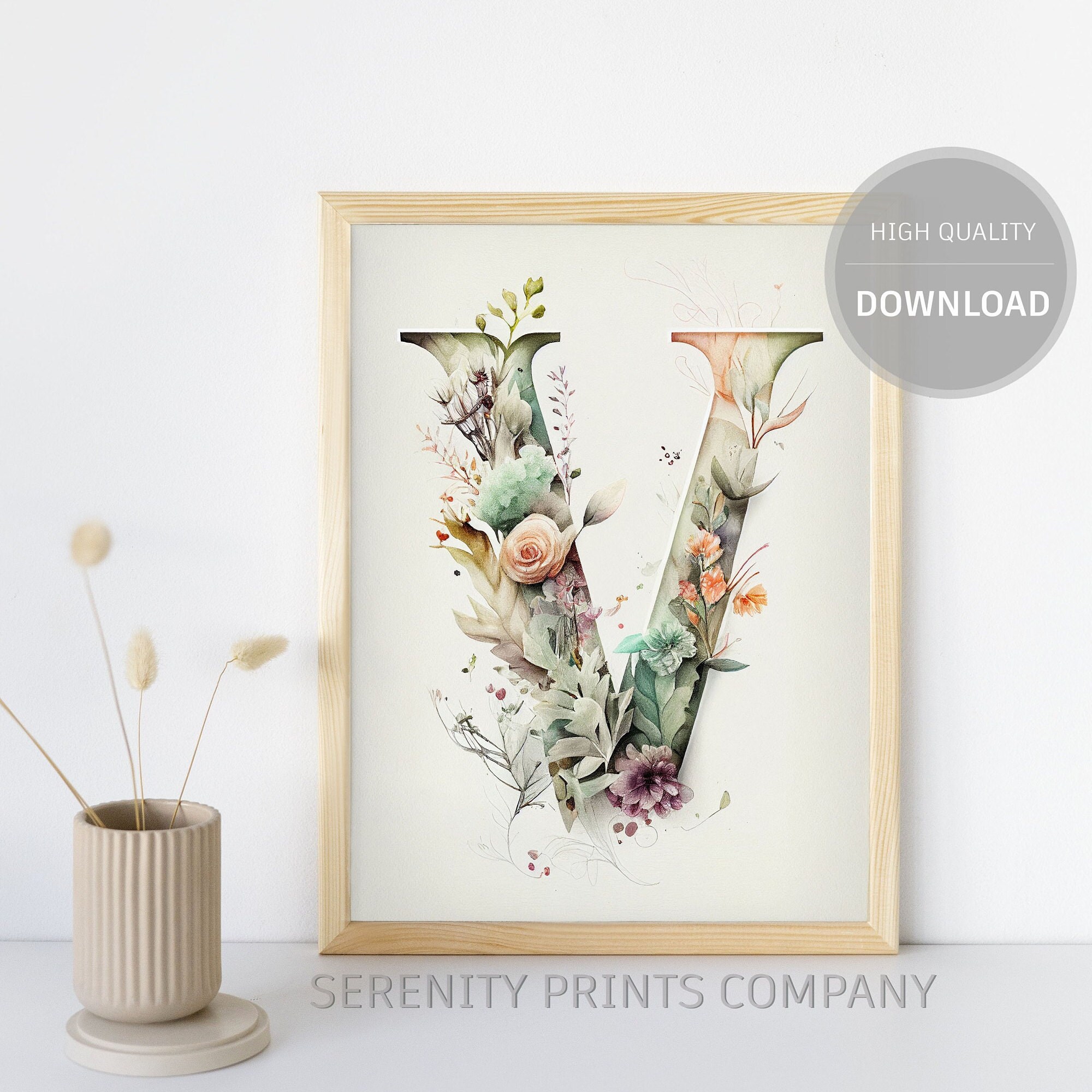 Flower Letter V, Flower Monogram Art, Initial Flower Print, Flower ...
