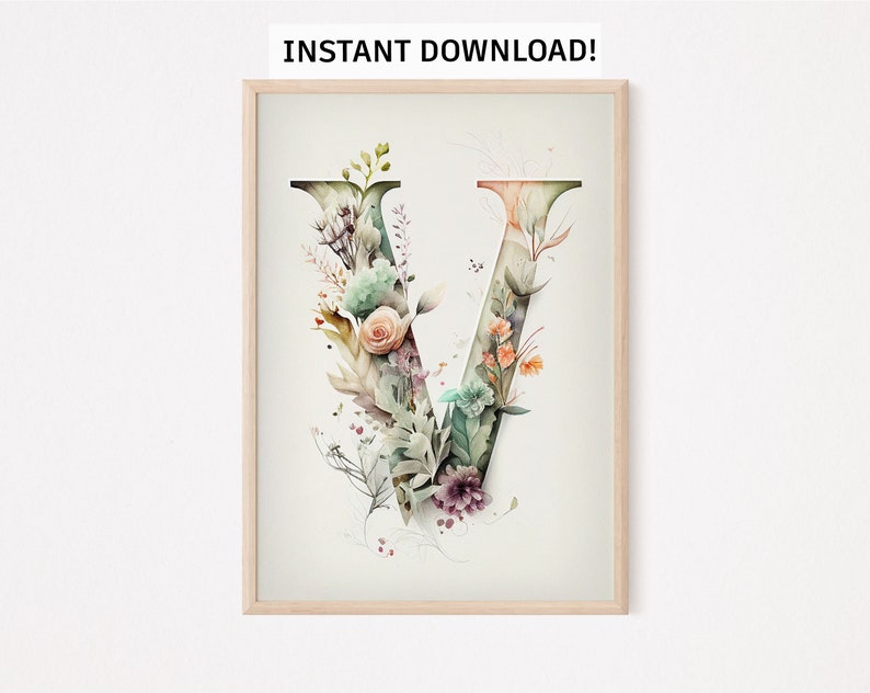Flower Letter V, Flower Monogram Art, Initial Flower Print, Flower ...