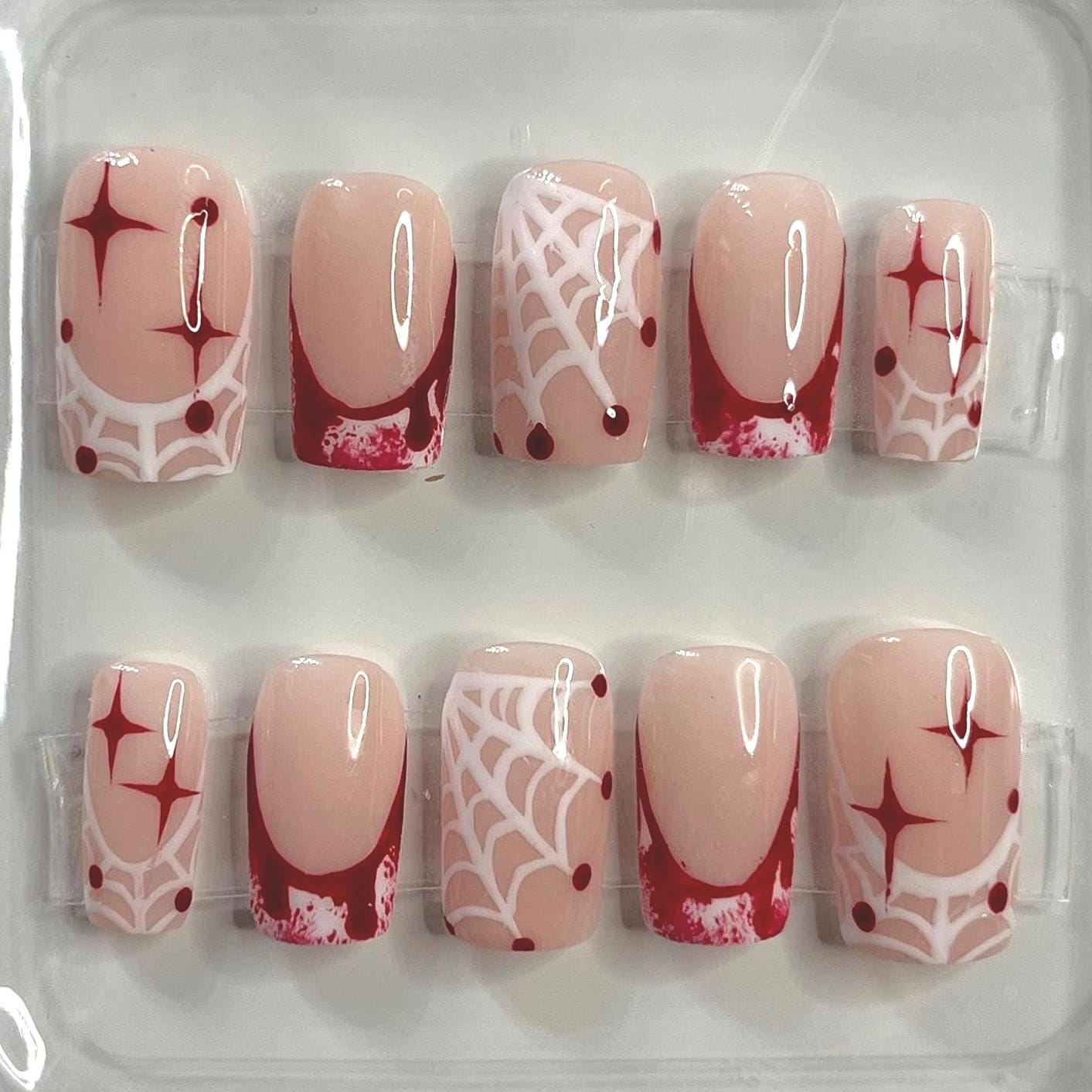 Trendy Y2K Bloody Halloween Spider Web French Tip Press on Nails - Etsy