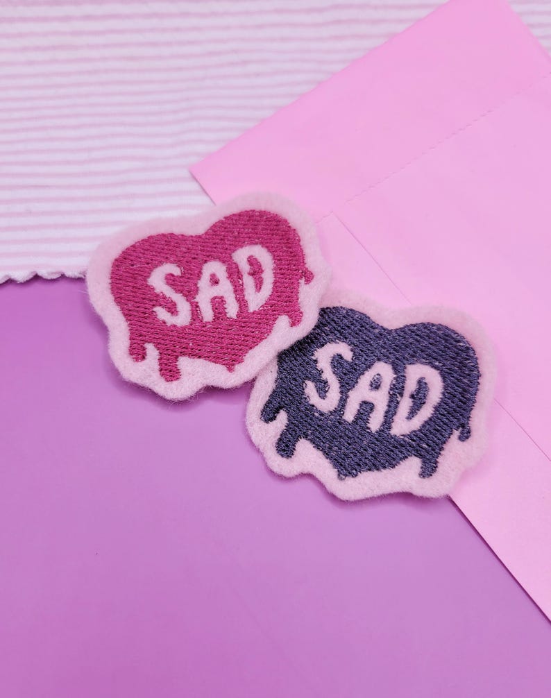 Mini Dripping 'SAD' Heart Iron-on Embroidery Patch - Pink or Black ...