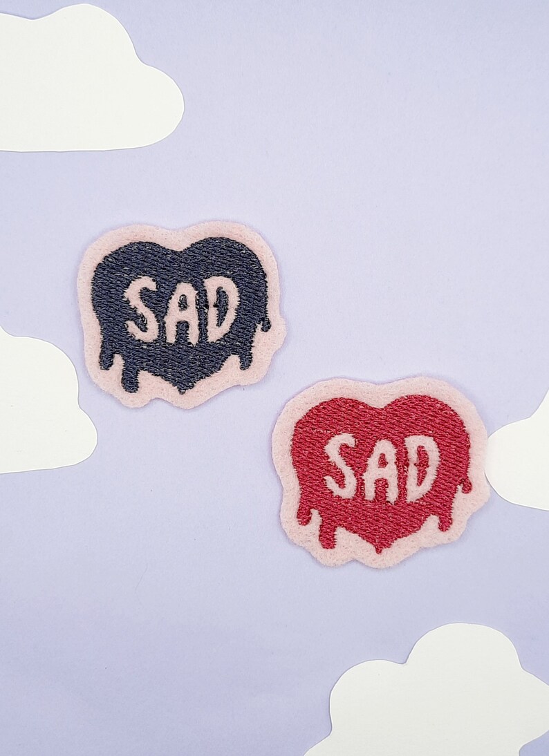 Mini Dripping 'SAD' Heart Iron-on Embroidery Patch Pink or Black Emo ...