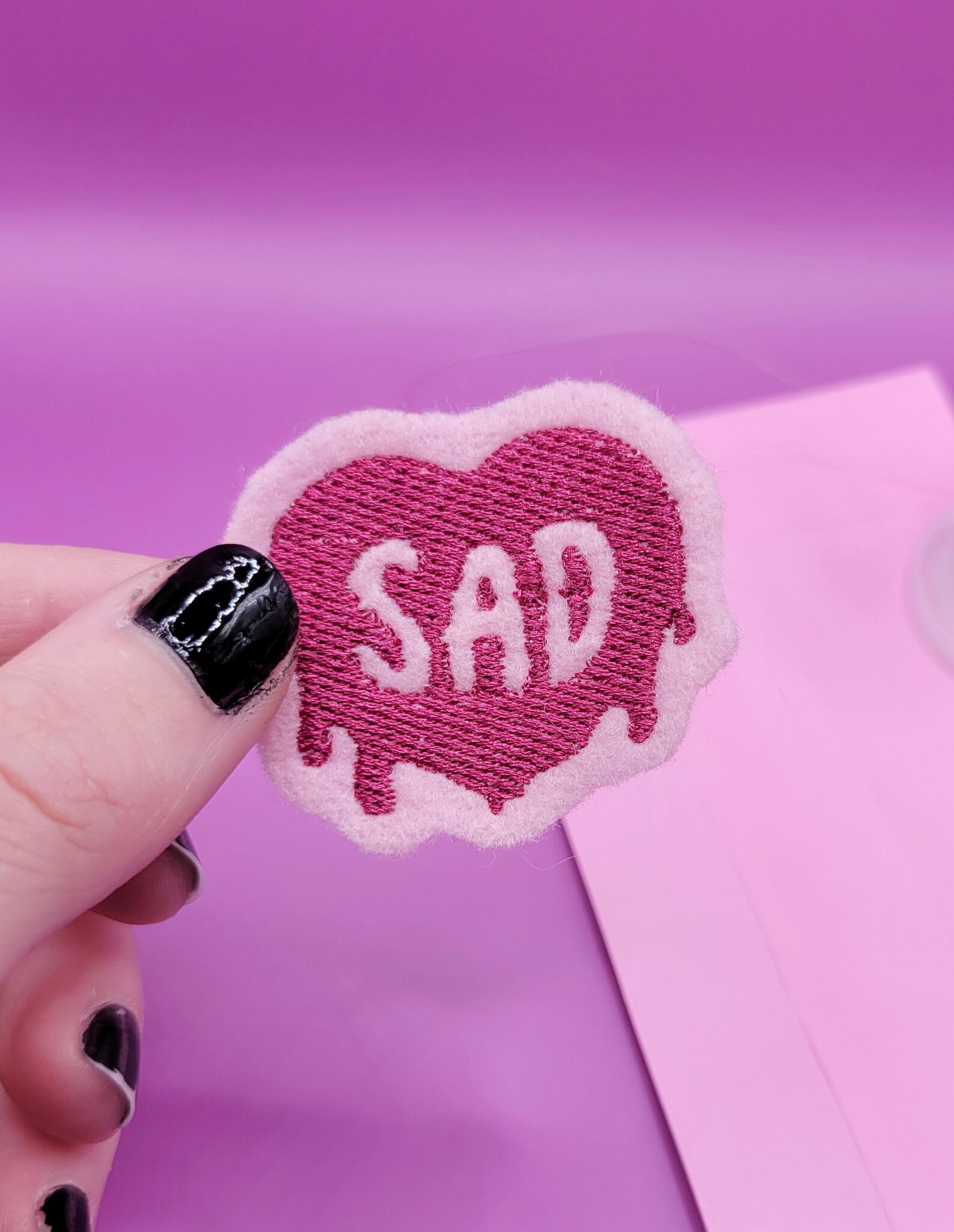 Mini Dripping 'SAD' Heart Iron-on Embroidery Patch - Pink or Black ...