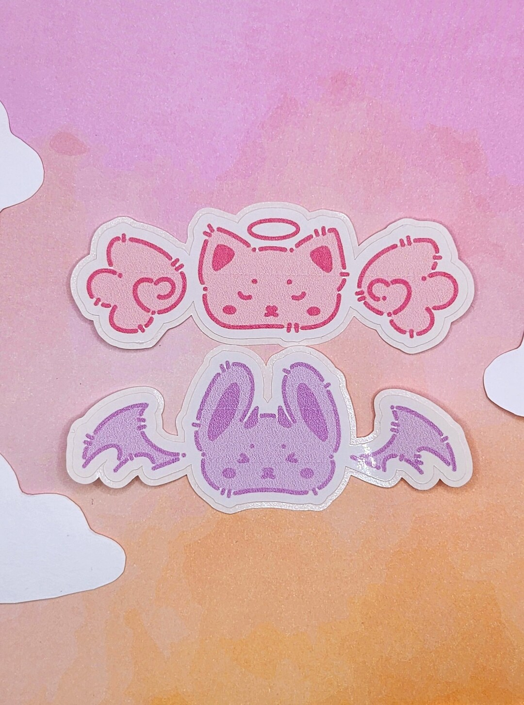Angel Cat and Devil Bunny Sticker Set - Pastel Kawaii Adhesive Sticker ...