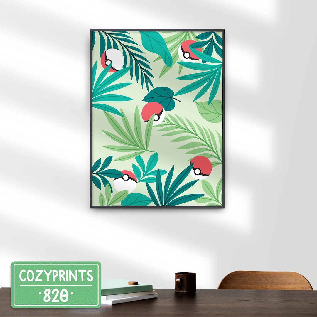 Pokeball Wall Art | Minimalist Gaming Decor | Gamer Room | Green Leaves ...