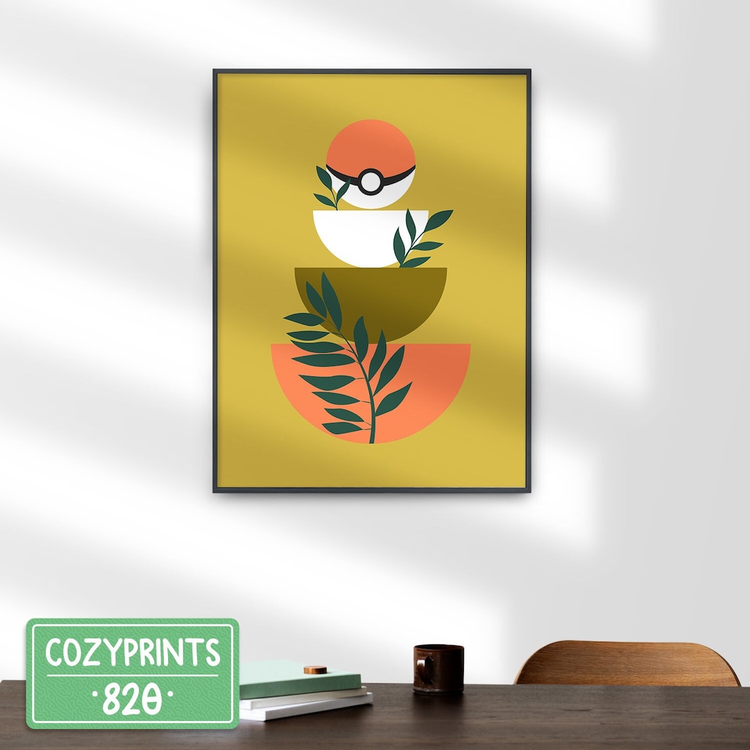 Pokeball Floral Wall Art | Poke Ball Poster | Yellow Minimalist Game ...