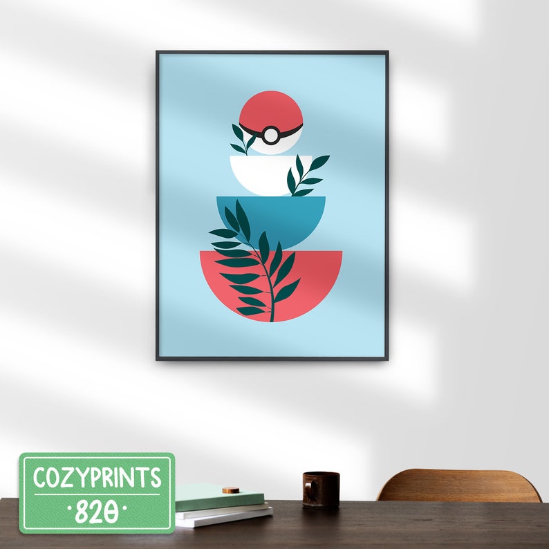 Pokeball Floral Wall Art Printable Poke Ball Poster Blue Minimalist ...