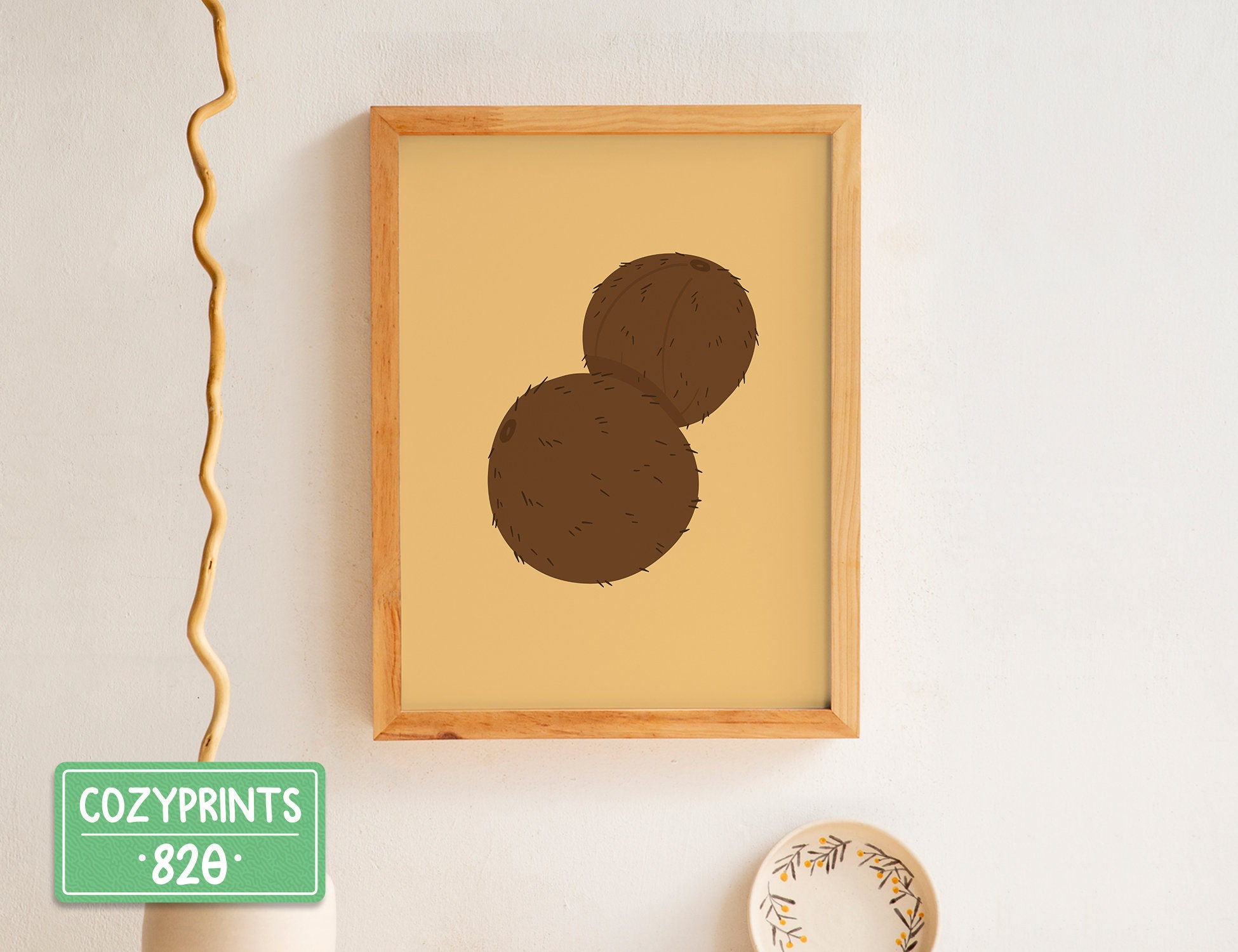 Coconut Art Print | Printable Kitchen Fruit Brown Wall Art | Simple ...