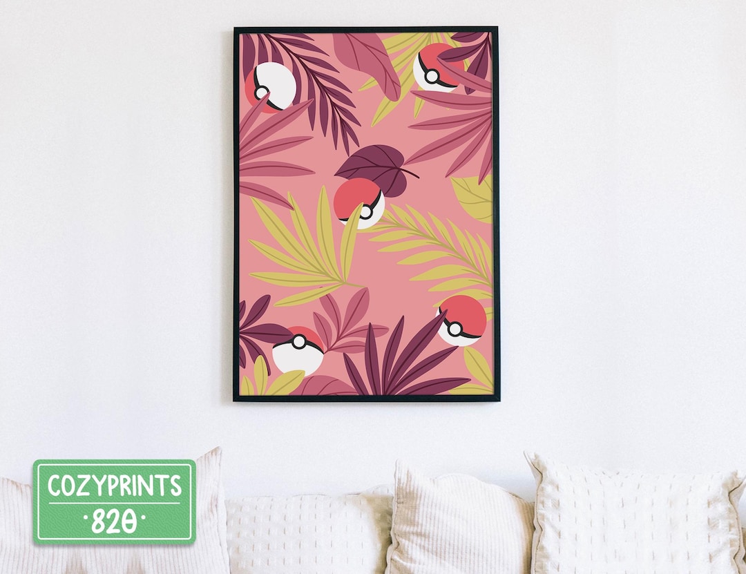 Pokeball Wall Art | Gaming Poster Gaming Decor | Red | Leaves Floral ...
