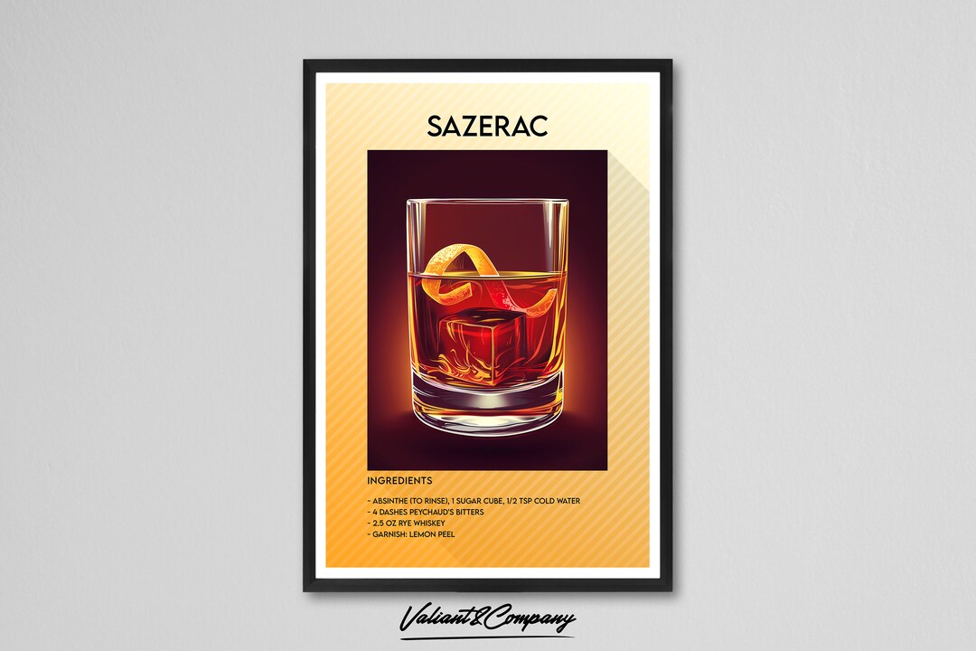Sazerac Cocktail Print | Sazerac Cocktail Wall Art | Bar Cart Cocktail ...