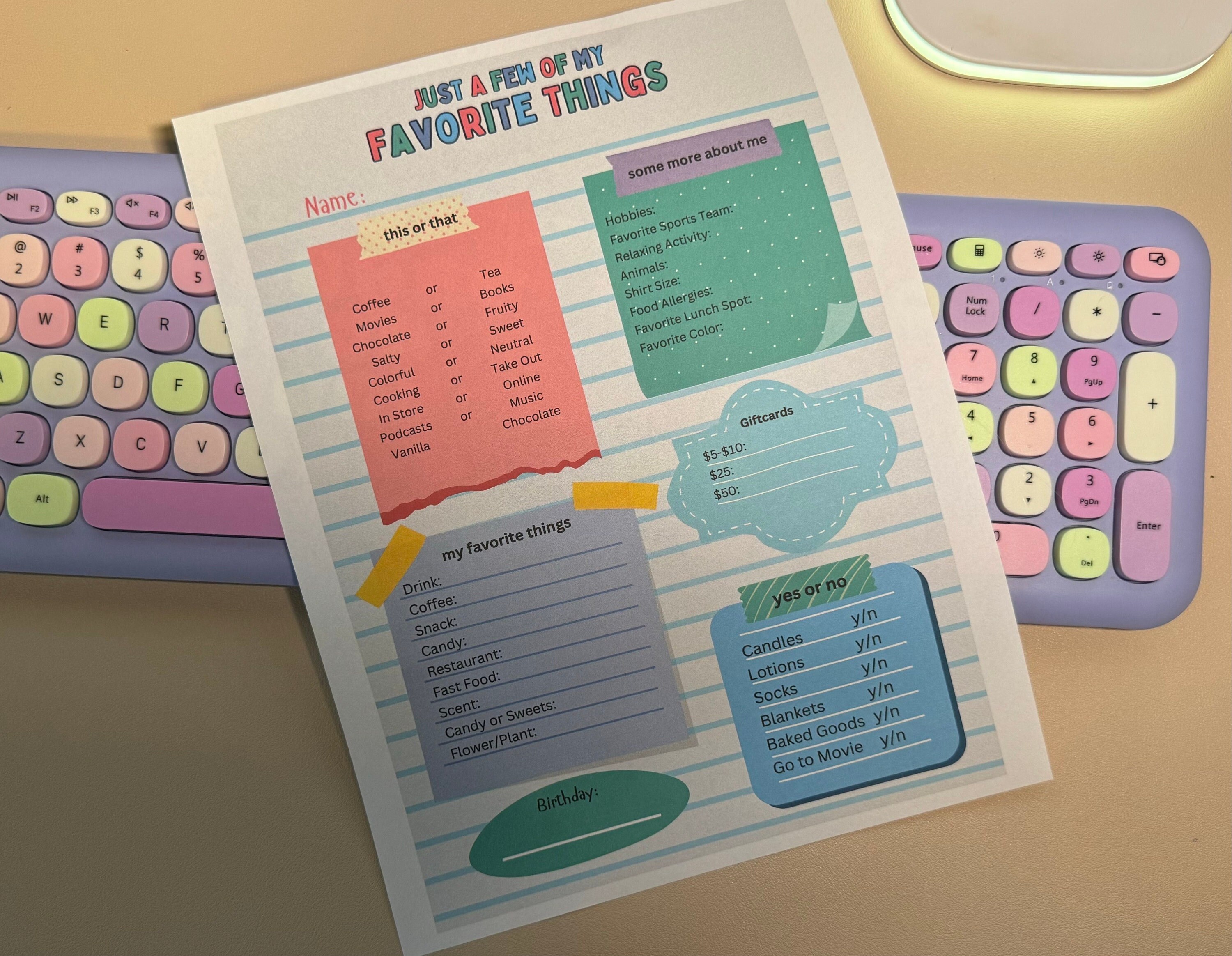 Favorite Things Form, Get to Know Teacher Printable, Favorite Things ...