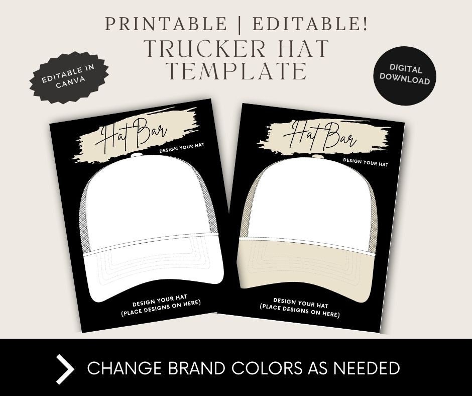 Trucker Hat Template Ready to Print Digital Download. Also Comes With Editable Design-customize ...