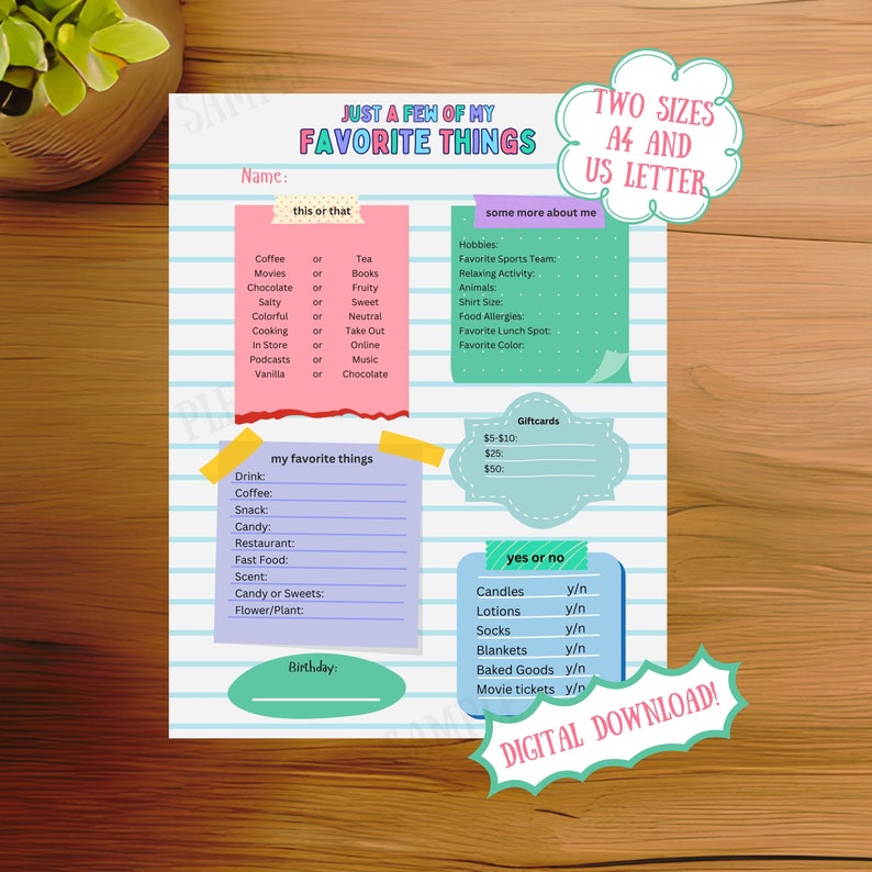 Favorite Things Form, Get to Know Teacher Printable, Favorite Things ...