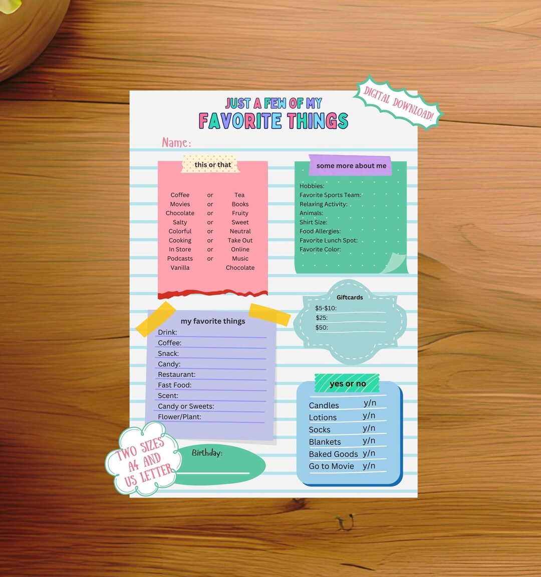 Favorite Things Form, Get to Know Teacher Printable, Favorite Things ...