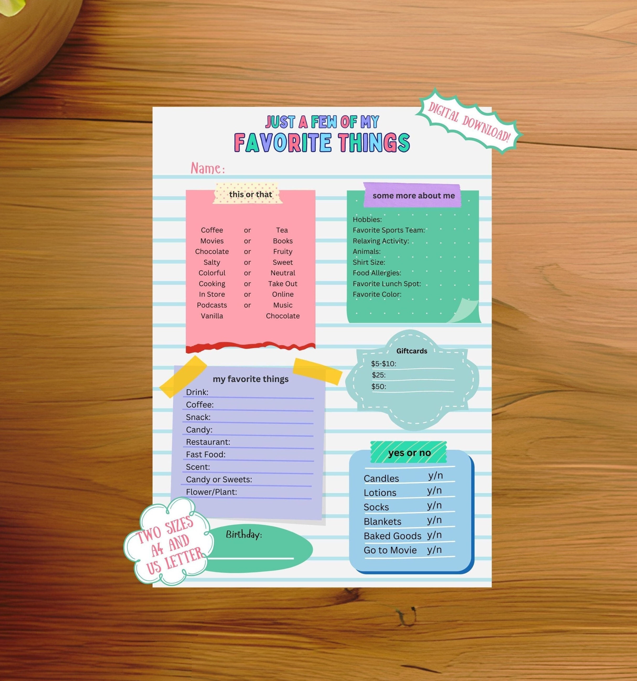 Favorite Things Form, Get to Know Teacher Printable, Favorite Things ...