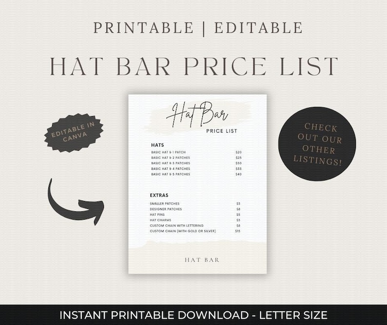 Trucker Hat Bar Editable Price List! Perfect for That Trucker Hat Pop up Shop. Customize in ...