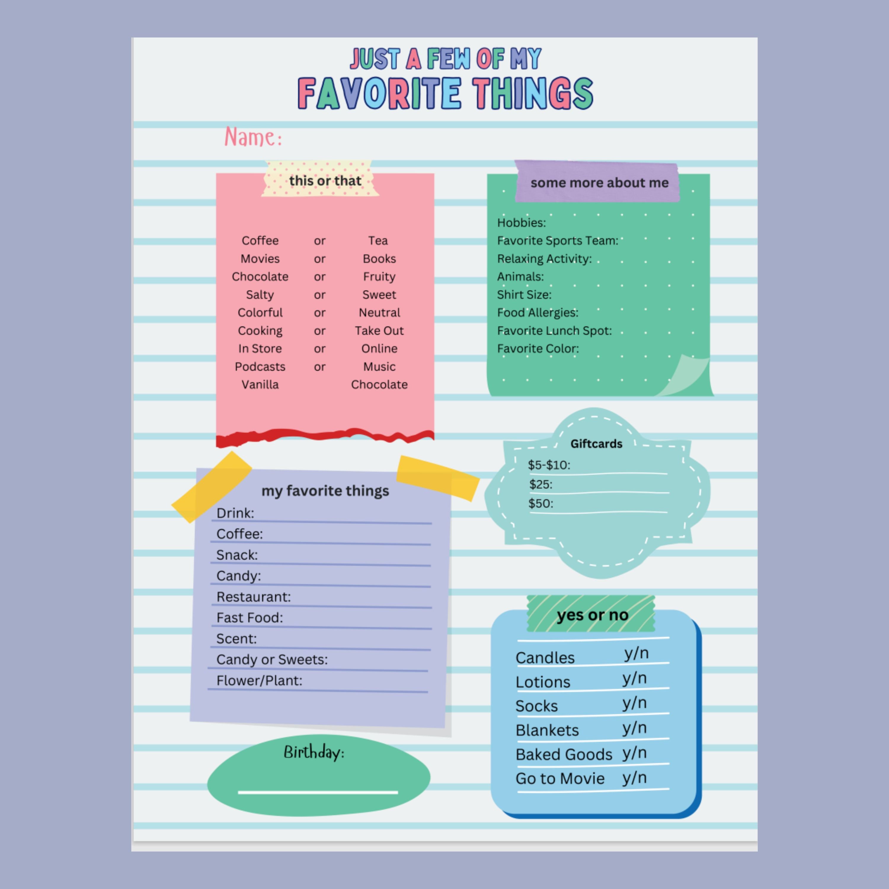 Favorite Things Form, Get to Know Teacher Printable, Favorite Things ...