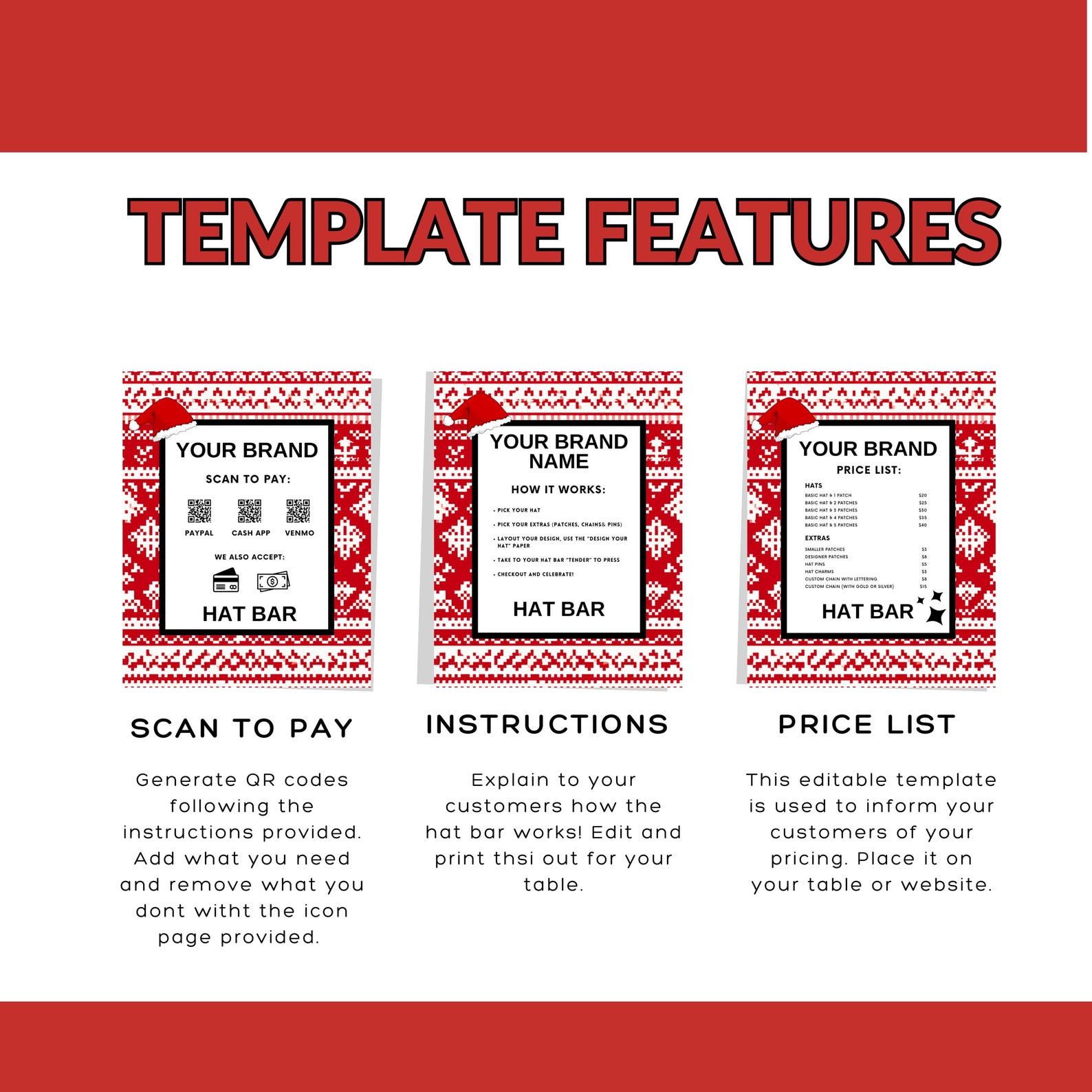 Christmas Hat Bar Templates, Scan to Pay, Price List, Hat Template, How ...