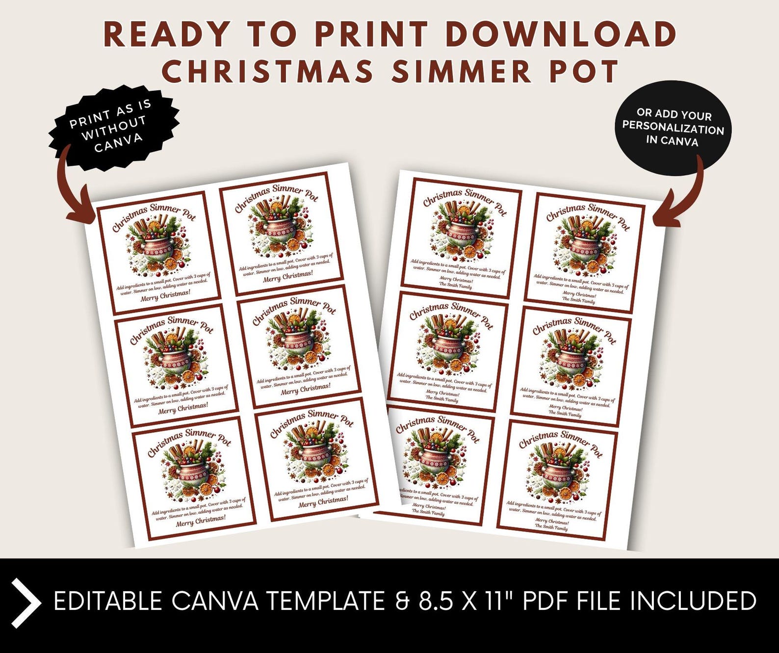 Christmas Simmer Pot Tag, Holiday Stovetop Potpourri Gift Tag ...