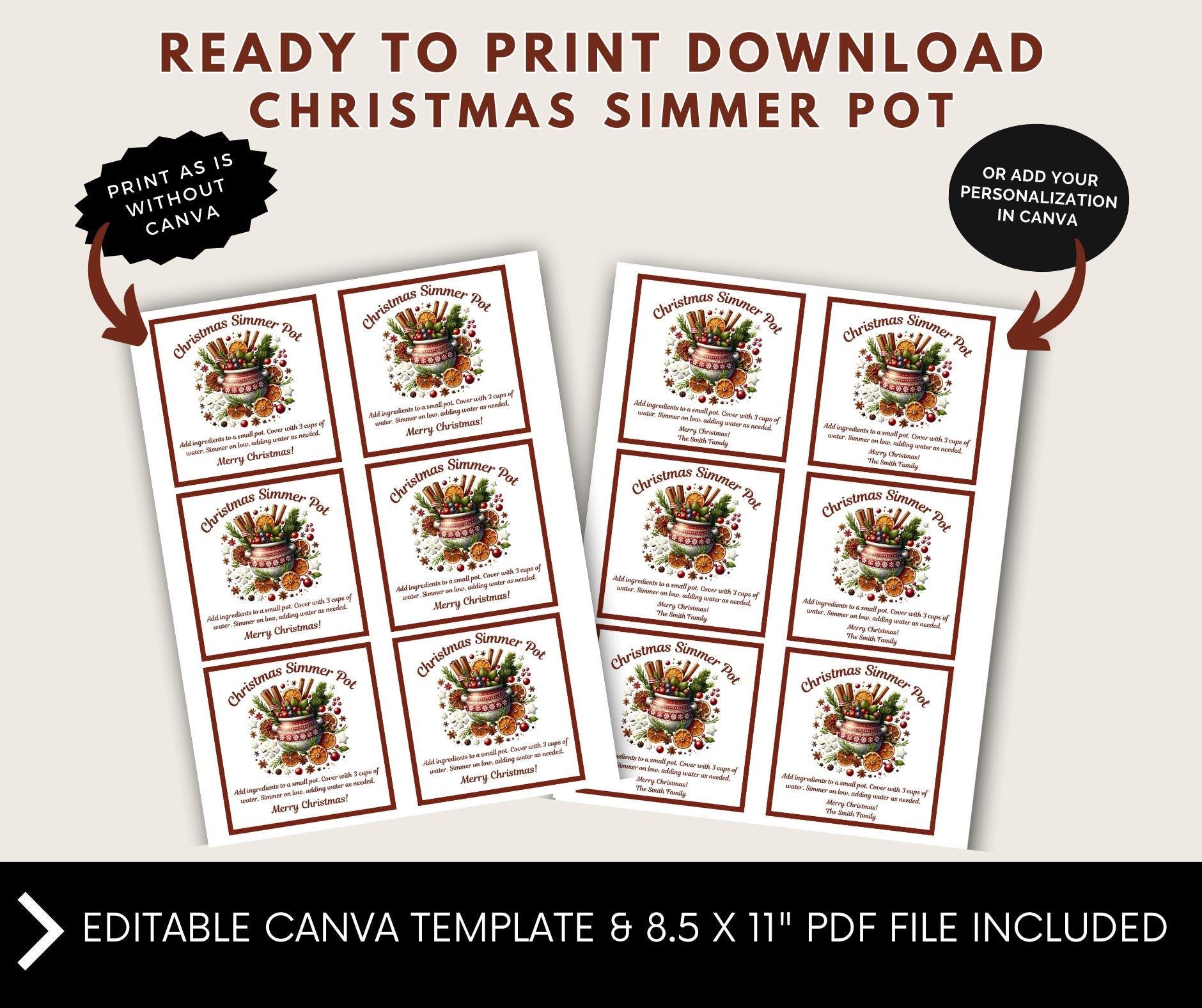 Christmas Simmer Pot Tag, Holiday Stovetop Potpourri Gift Tag ...
