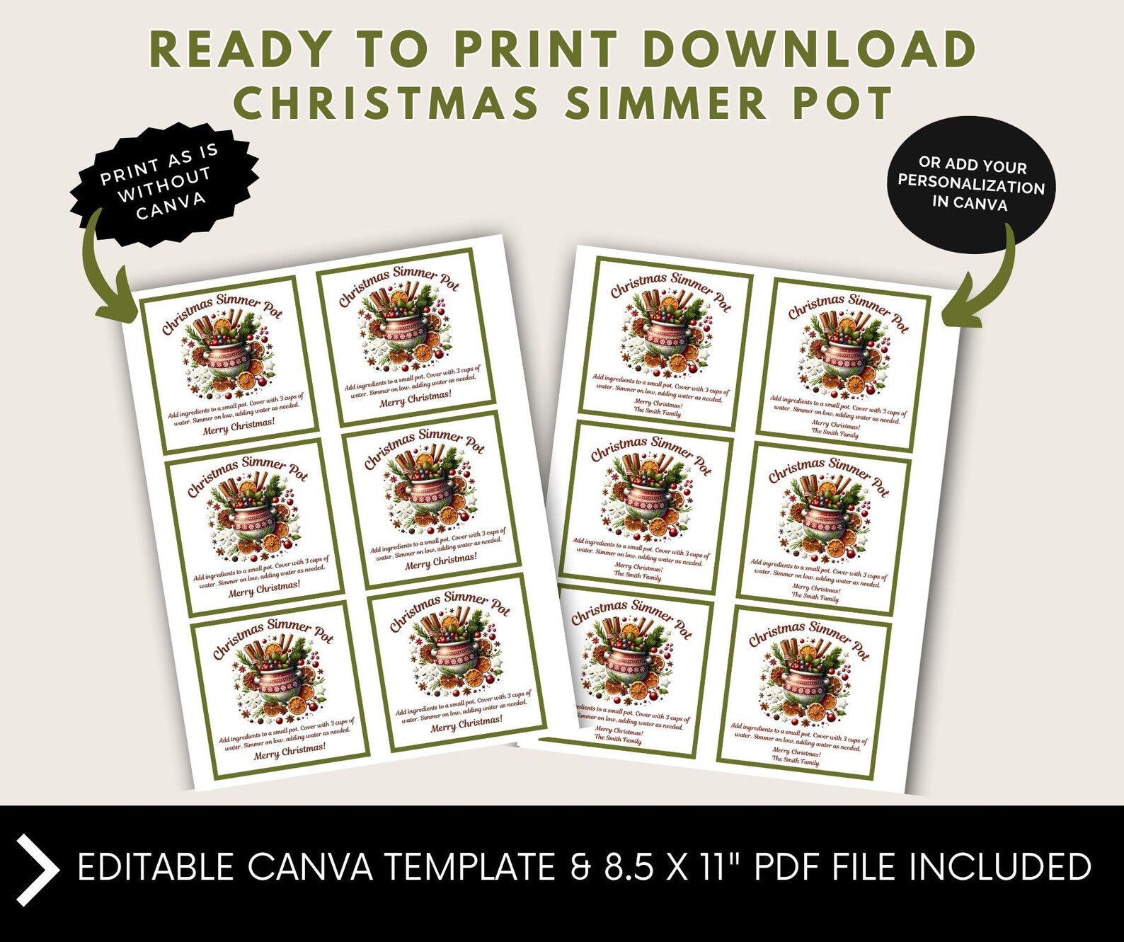 Christmas Simmer Pot Tag, Holiday Stovetop Potpourri Gift Tag ...