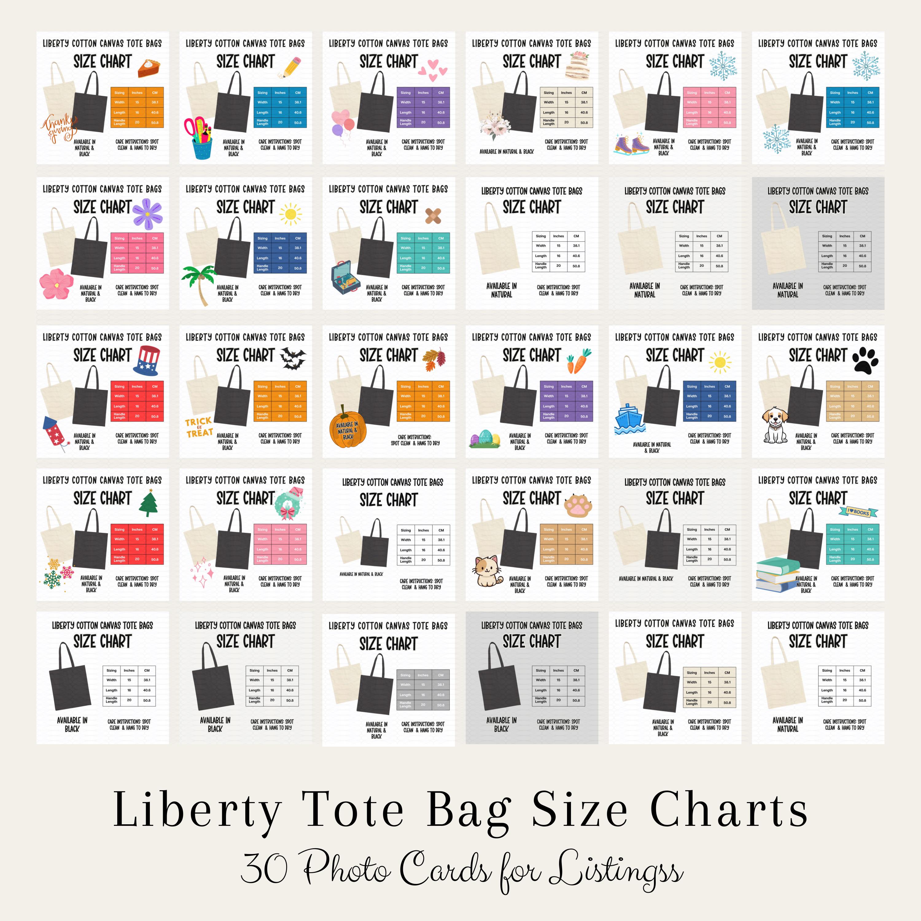 Bundle of Liberty Tote Bag Size Charts, Canvas Tote Bag Size Chart ...