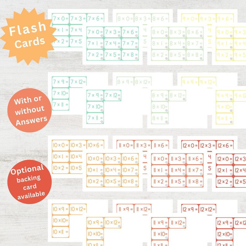 Times Table Flash Cards Multi Colored | 156 Cards | Answers Optional - Etsy