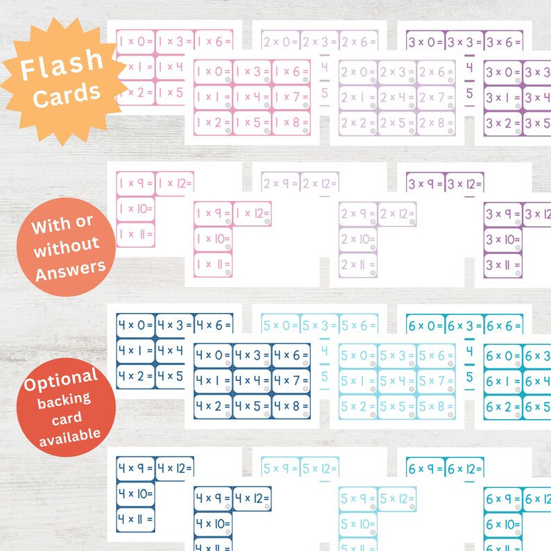 Times Table Flash Cards Multi Colored | 156 Cards | Answers Optional - Etsy