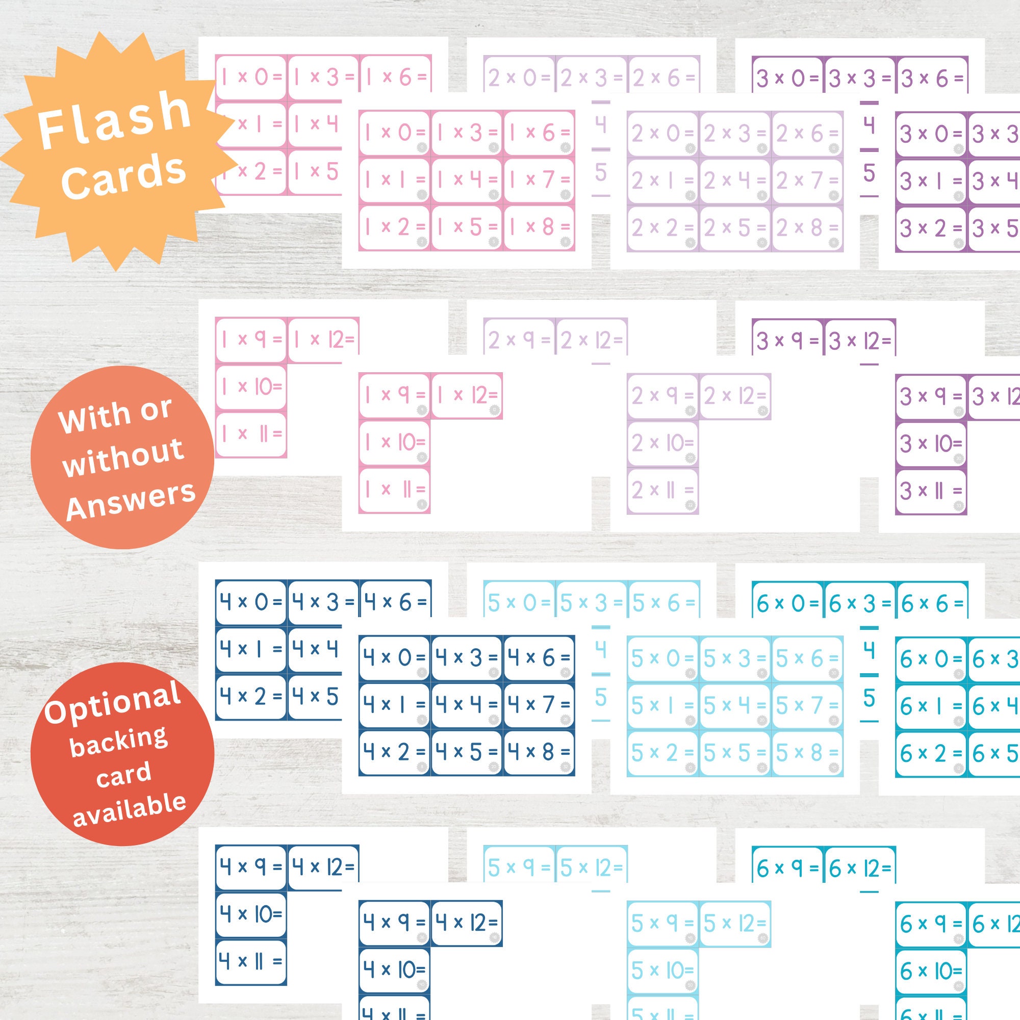 Times Table Flash Cards Multi Colored | 156 Cards | Answers Optional - Etsy