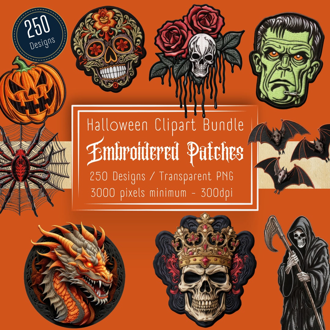 Halloween Embroidered Patches Halloween Clipart 250+ Digital Designs Skulls Dragons Witches ...