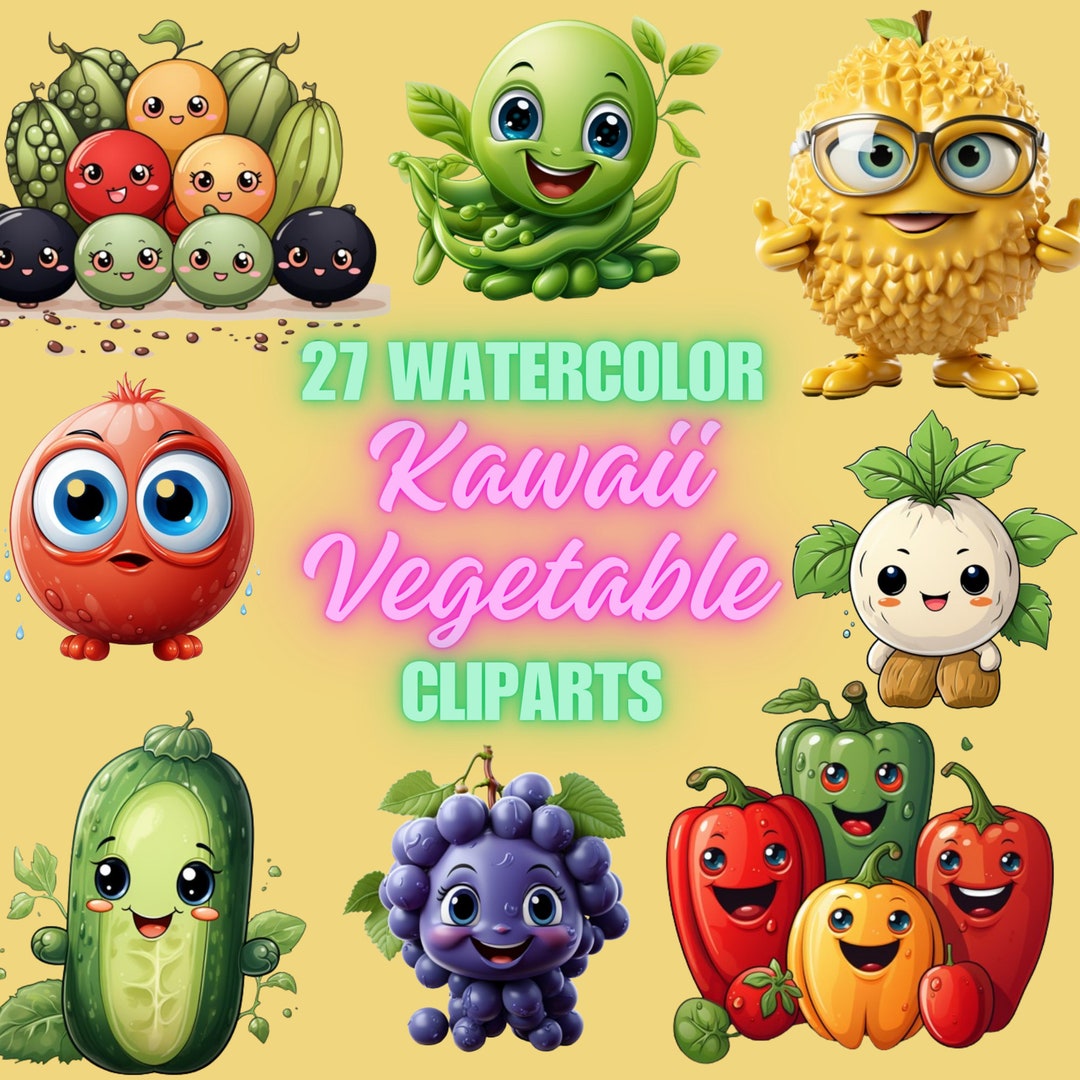 27 Cute Kawaii Vegetables Clipart - Kawaii Food Bundle -clipart - Cute ...