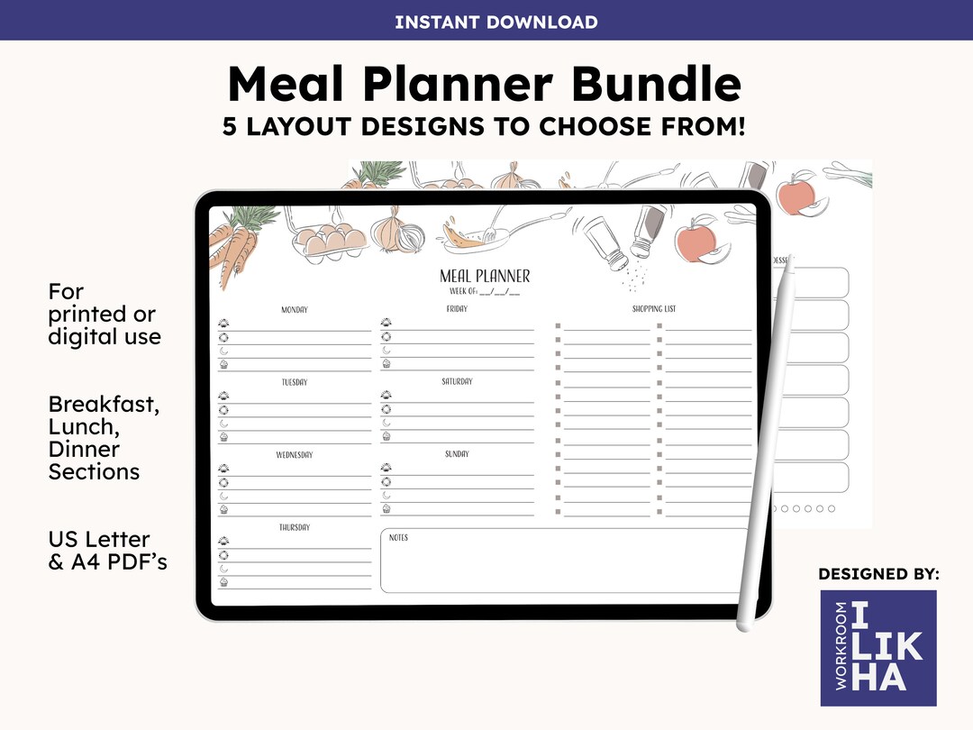 Meal Planner by Ilikha Workroom Printable or Digital Daily Food Journal ...
