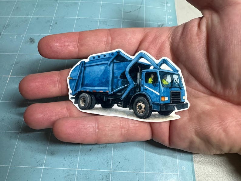 Watercolor Front-load Garbage Truck Sticker – Blue Trash Collection ...
