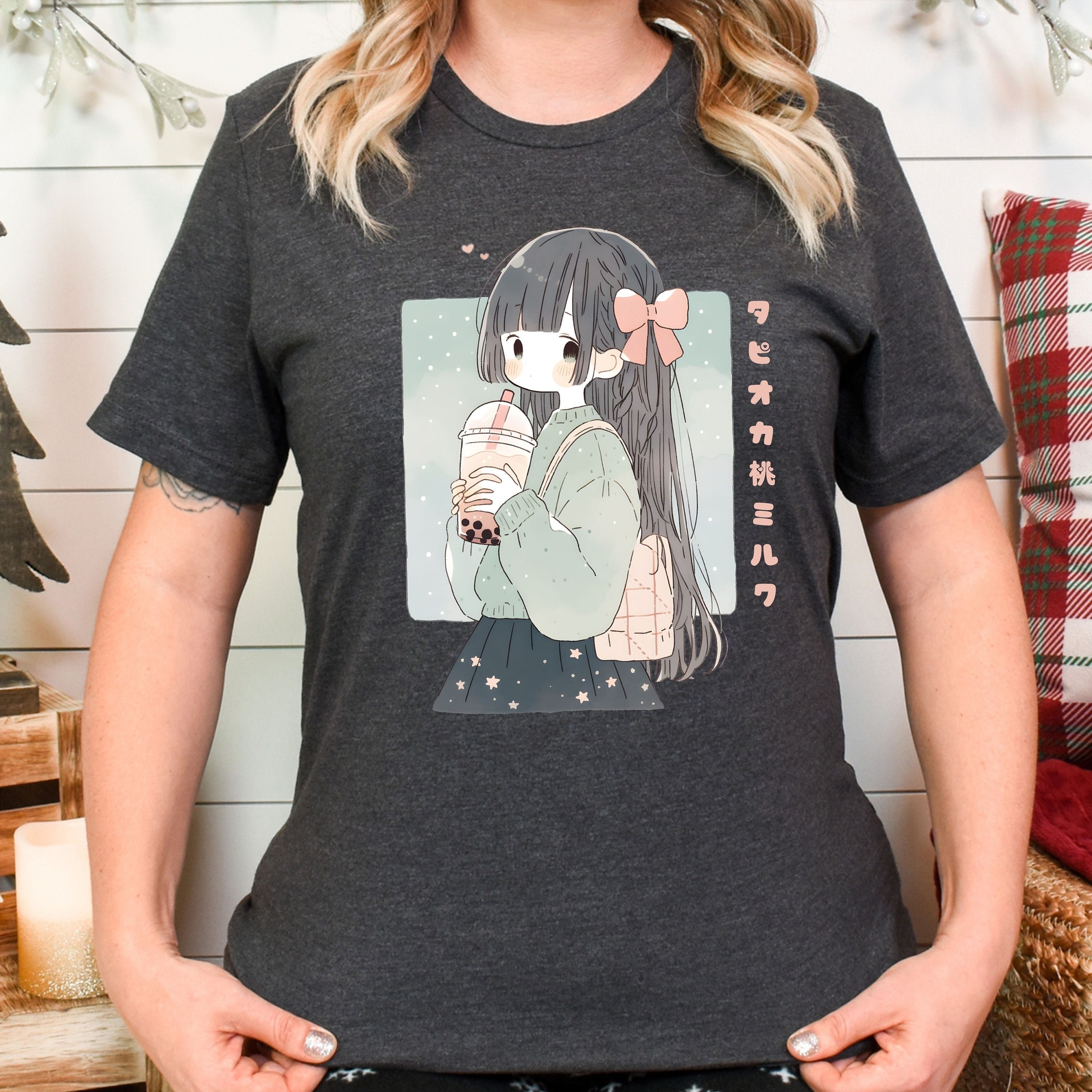 Peach Boba Tea Anime Girl T-shirt, Kawaii Bubble Milk Tea Shirt, Cute ...