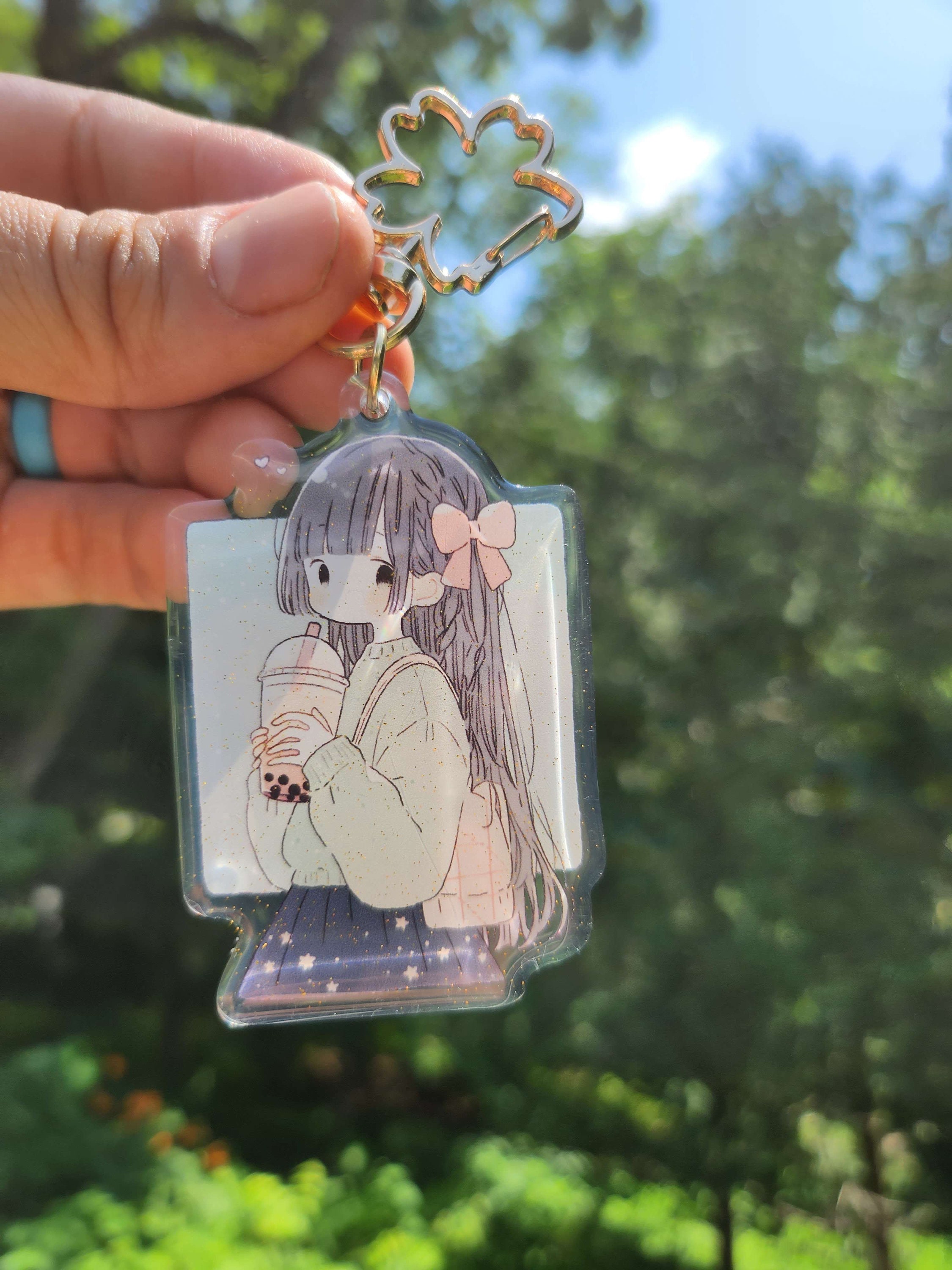 Boba Anime Girl Key Chain, Cherry Blossom Clip, 2.5" Glitter Charm ...
