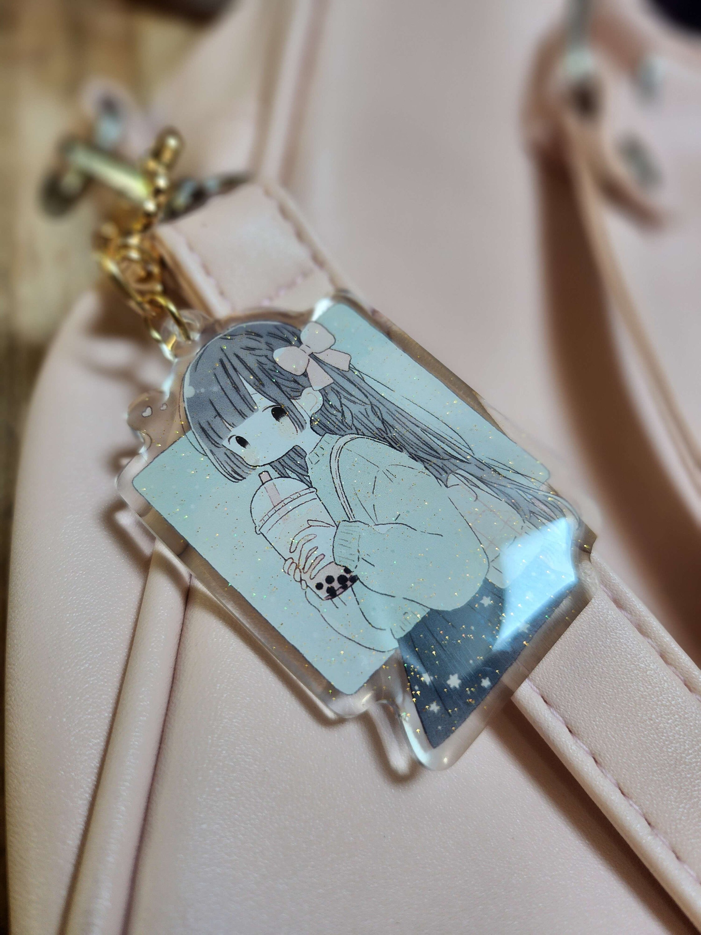 Boba Anime Girl Key Chain, Cherry Blossom Clip, 2.5" Glitter Charm ...