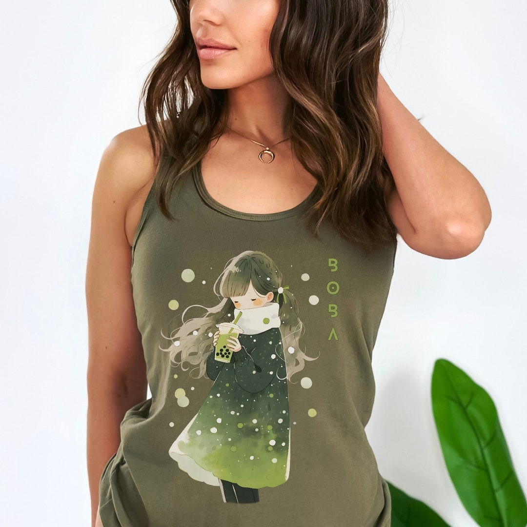 Matcha Boba Tea Anime Girl Tank Top, Cute Bubbletea Graphic Summer ...