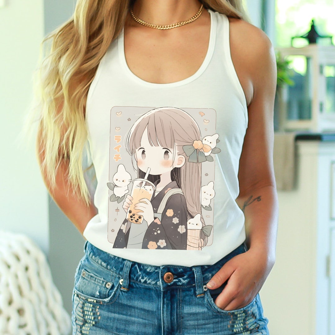 Lychee Boba Tea T-shirt, Kawaii Bubble Milk Tea Anime Girl Shirt, Cute ...