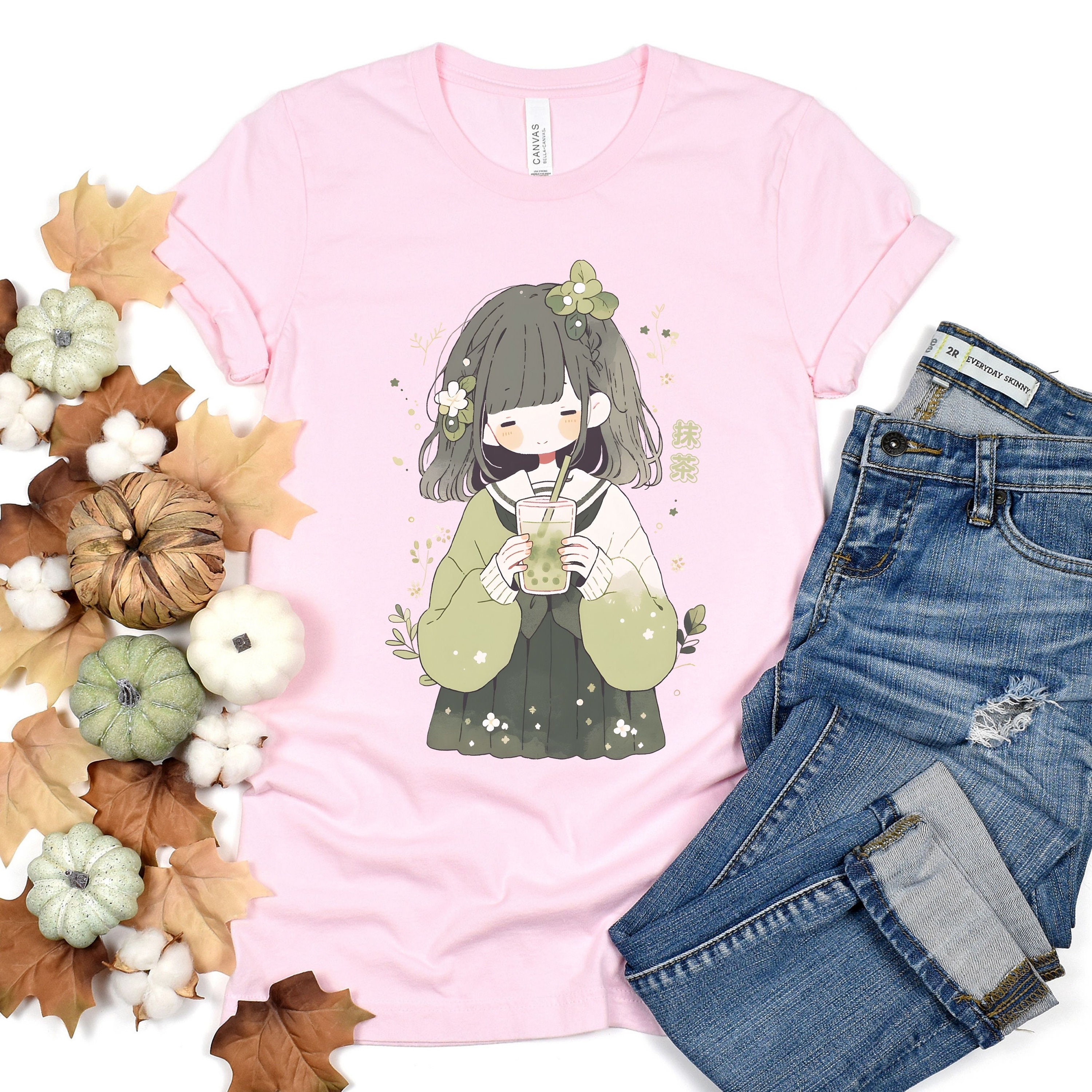 Matcha Green Tea Boba T-shirt, Kawaii Bubble Milk Tea Anime Girl Shirt ...