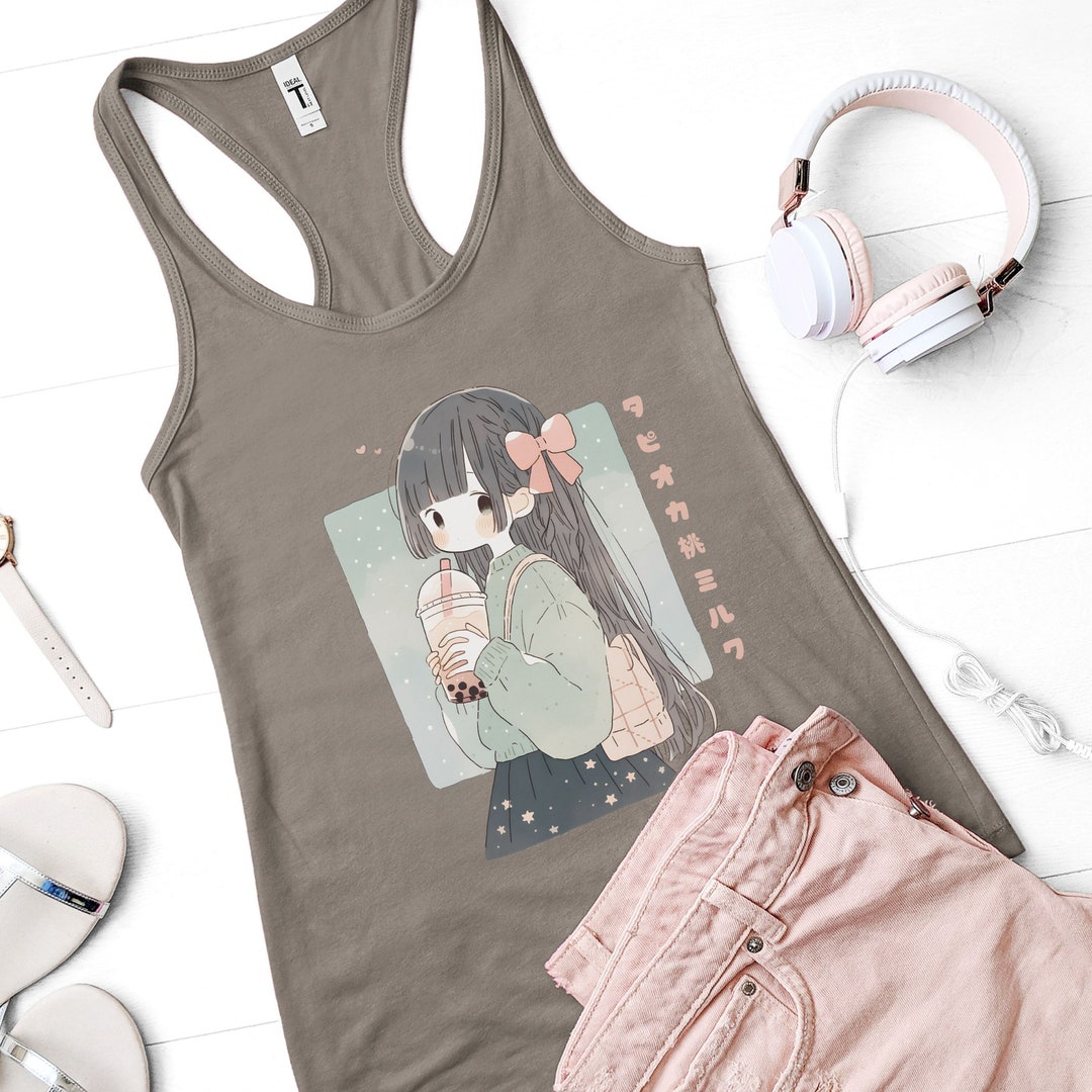 Peach Boba Tea Anime Girl Tank Top, Kawaii Bubble Milk Tea Shirt, Cute ...