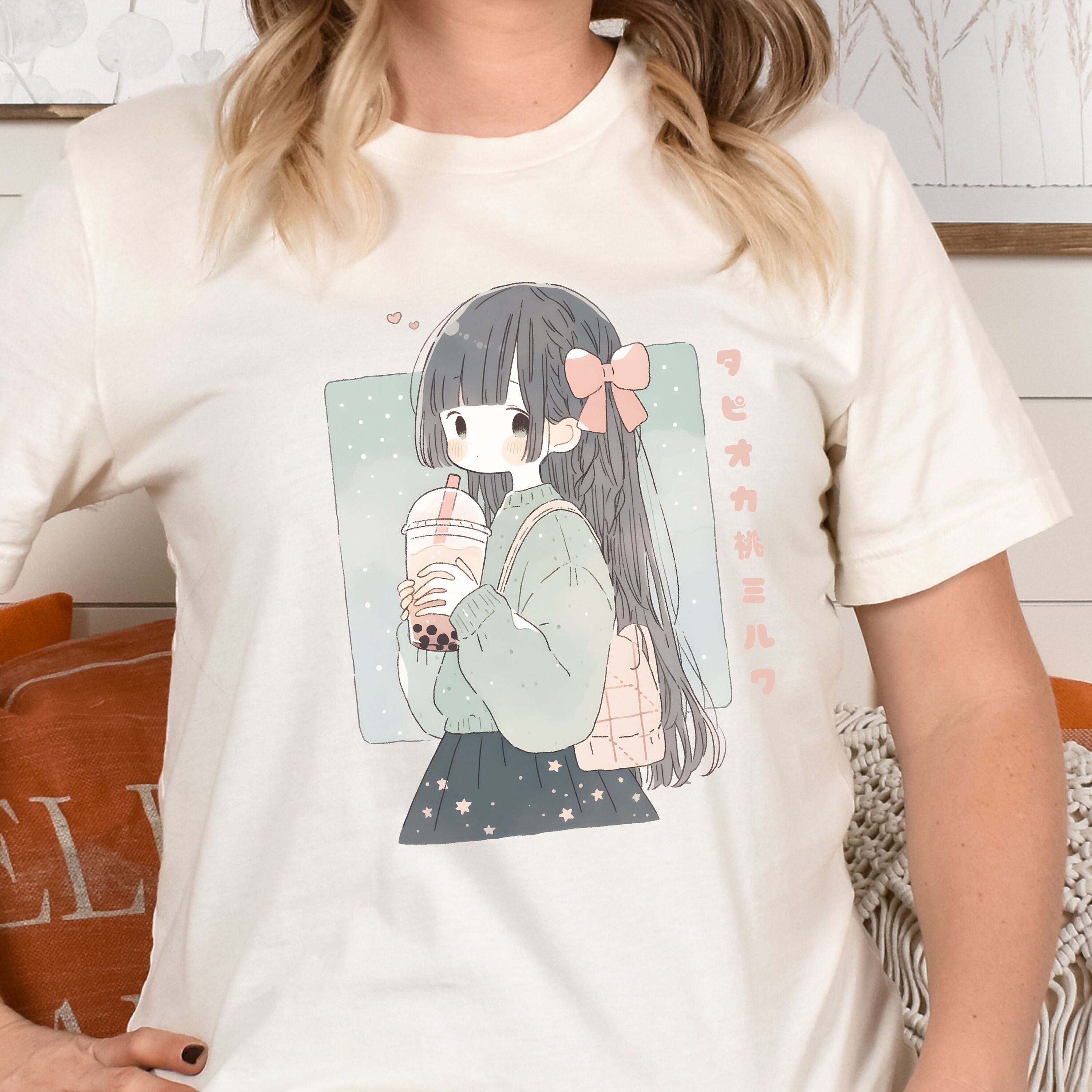 Peach Boba Tea Anime Girl T-shirt, Kawaii Bubble Milk Tea Shirt, Cute ...