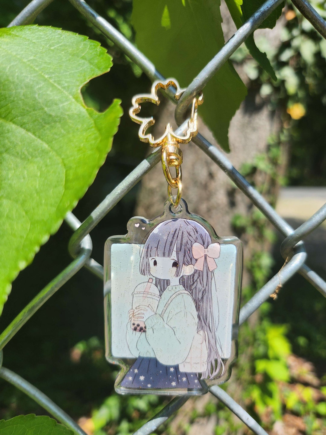 Boba Anime Girl Key Chain, Cherry Blossom Clip, 2.5" Glitter Charm ...