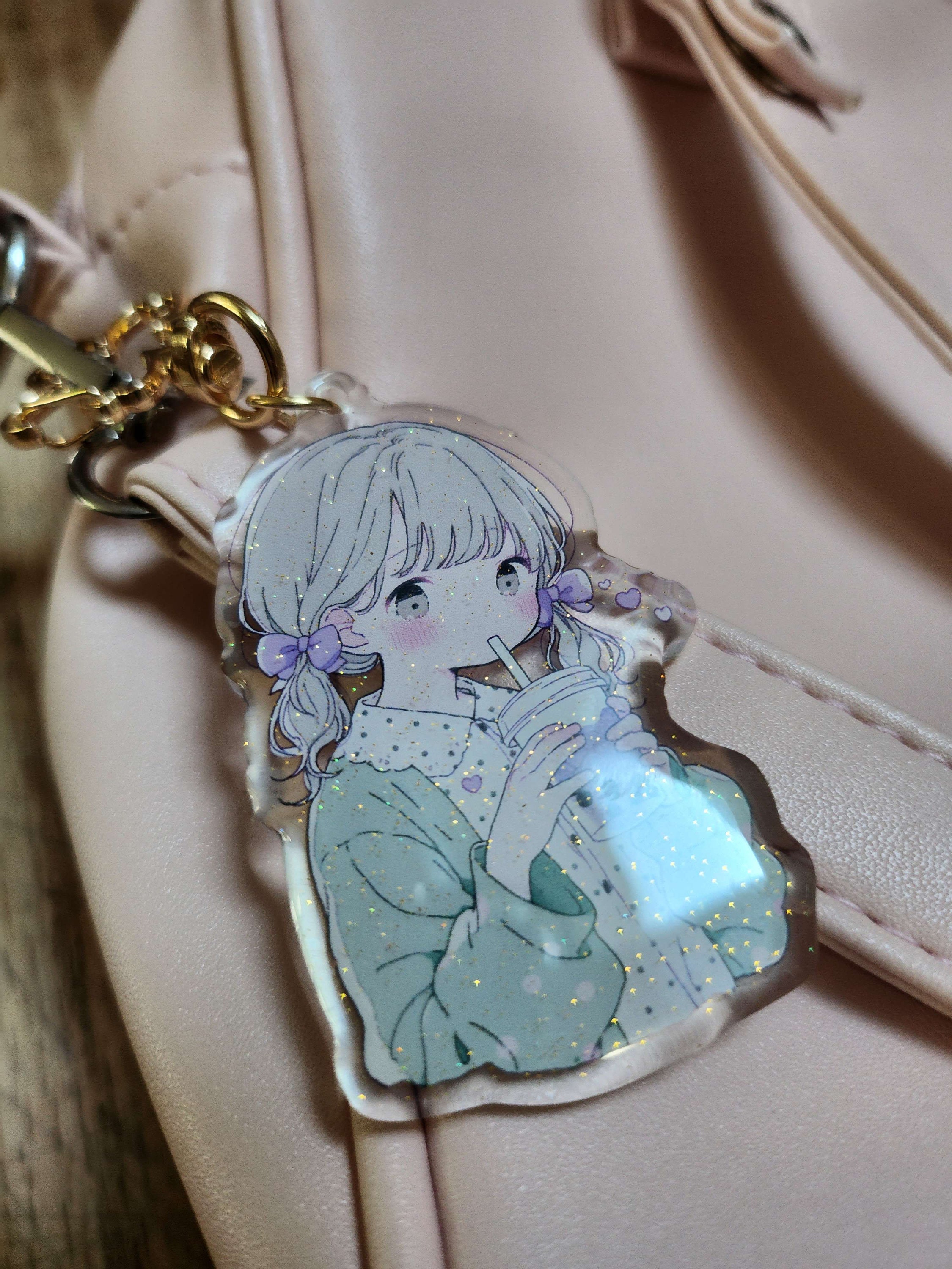 Boba Tea Key Chain, Sakura Cherry Blossom Clip, 2.5 Glitter Charm, Taro ...