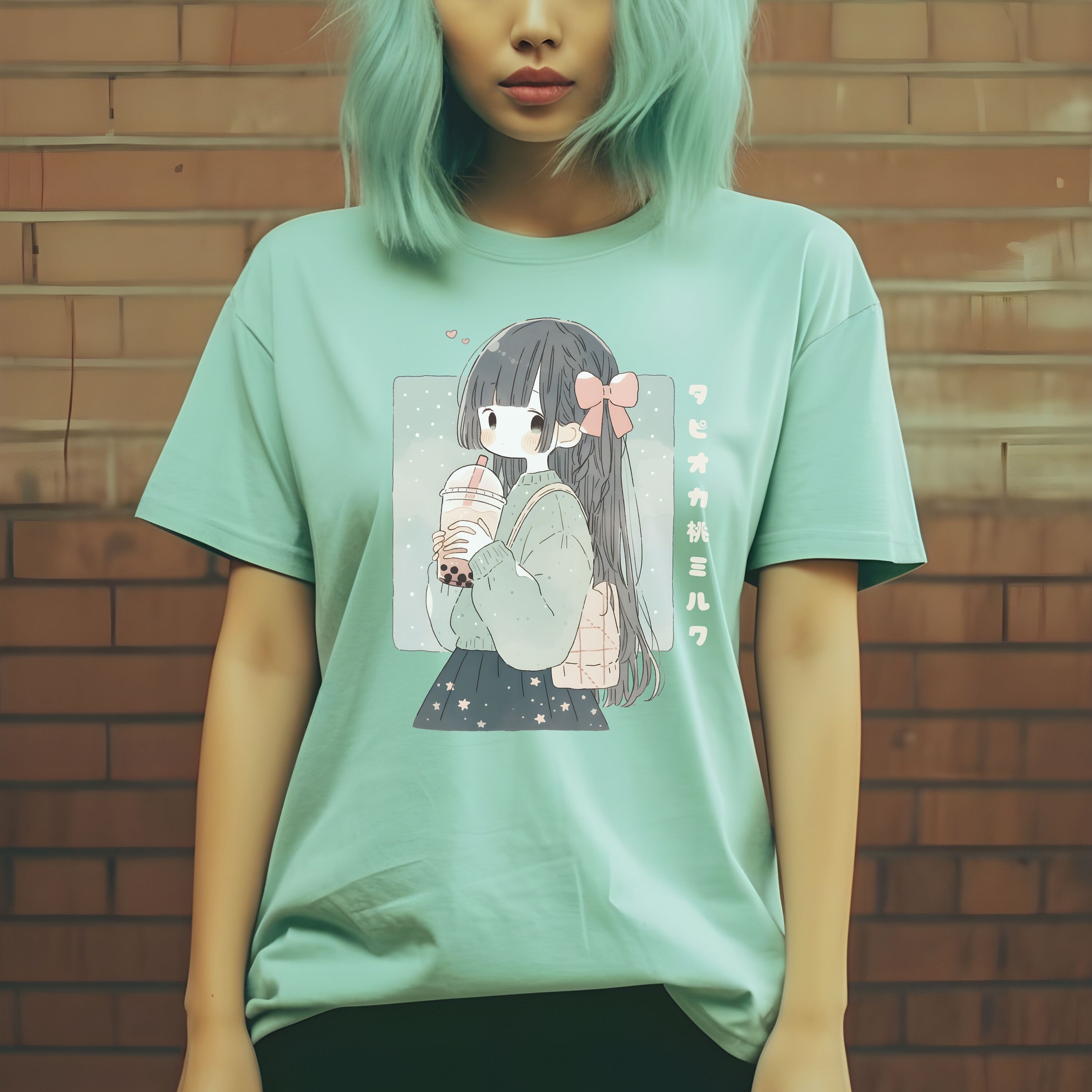 Peach Boba Tea Anime Girl T-shirt, Kawaii Bubble Milk Tea Shirt, Cute ...