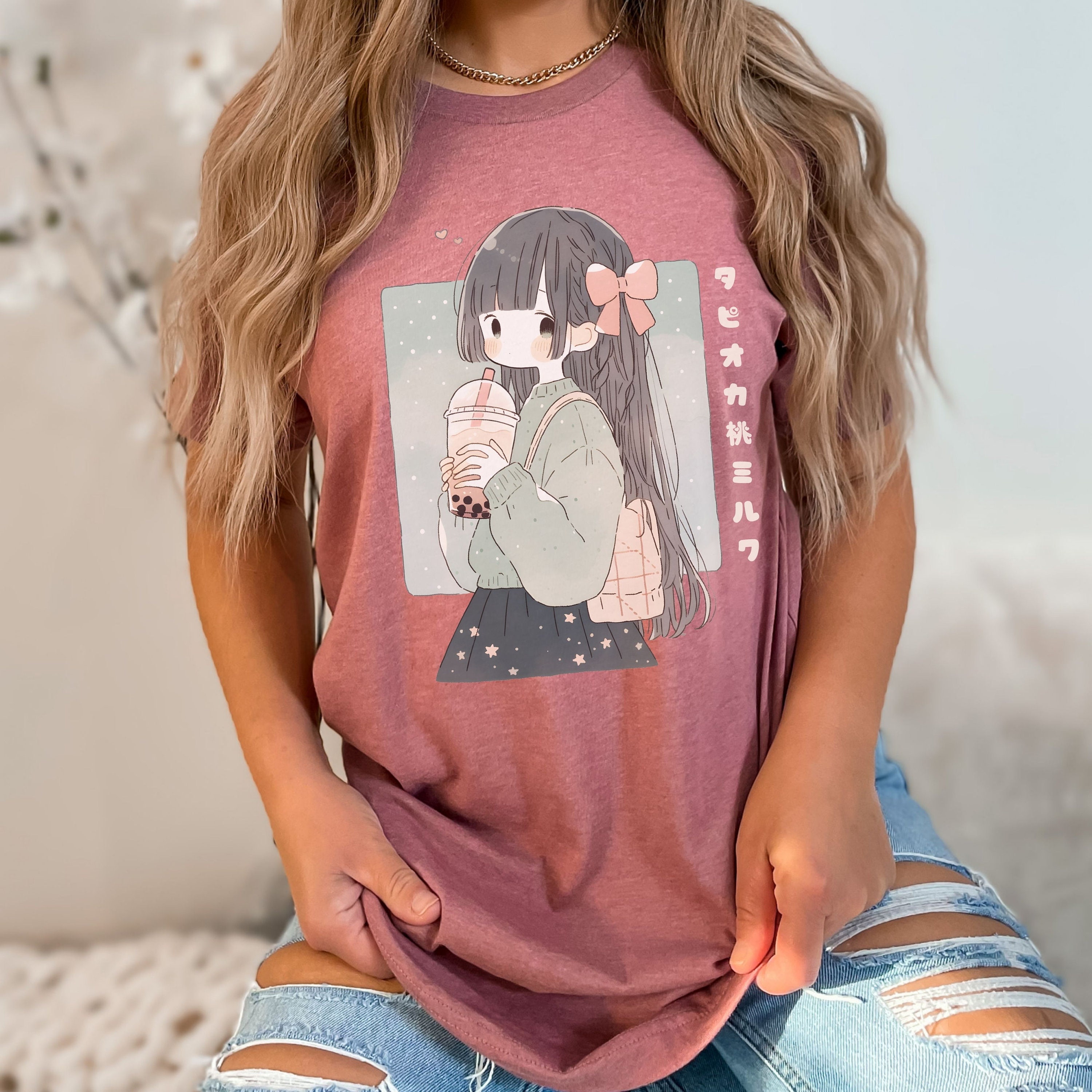 Peach Boba Tea Anime Girl T-shirt, Kawaii Bubble Milk Tea Shirt, Cute ...