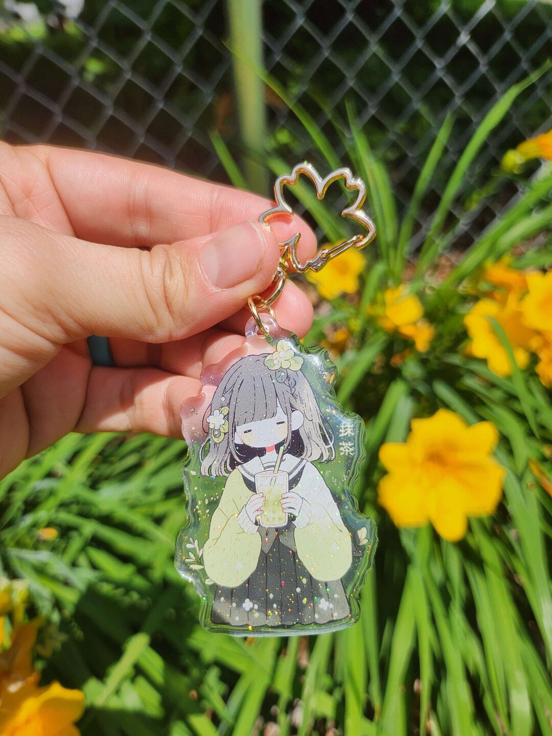 Matcha Green Tea Key Chain, Cherry Blossom Clip, 2.5" Glitter Charm ...